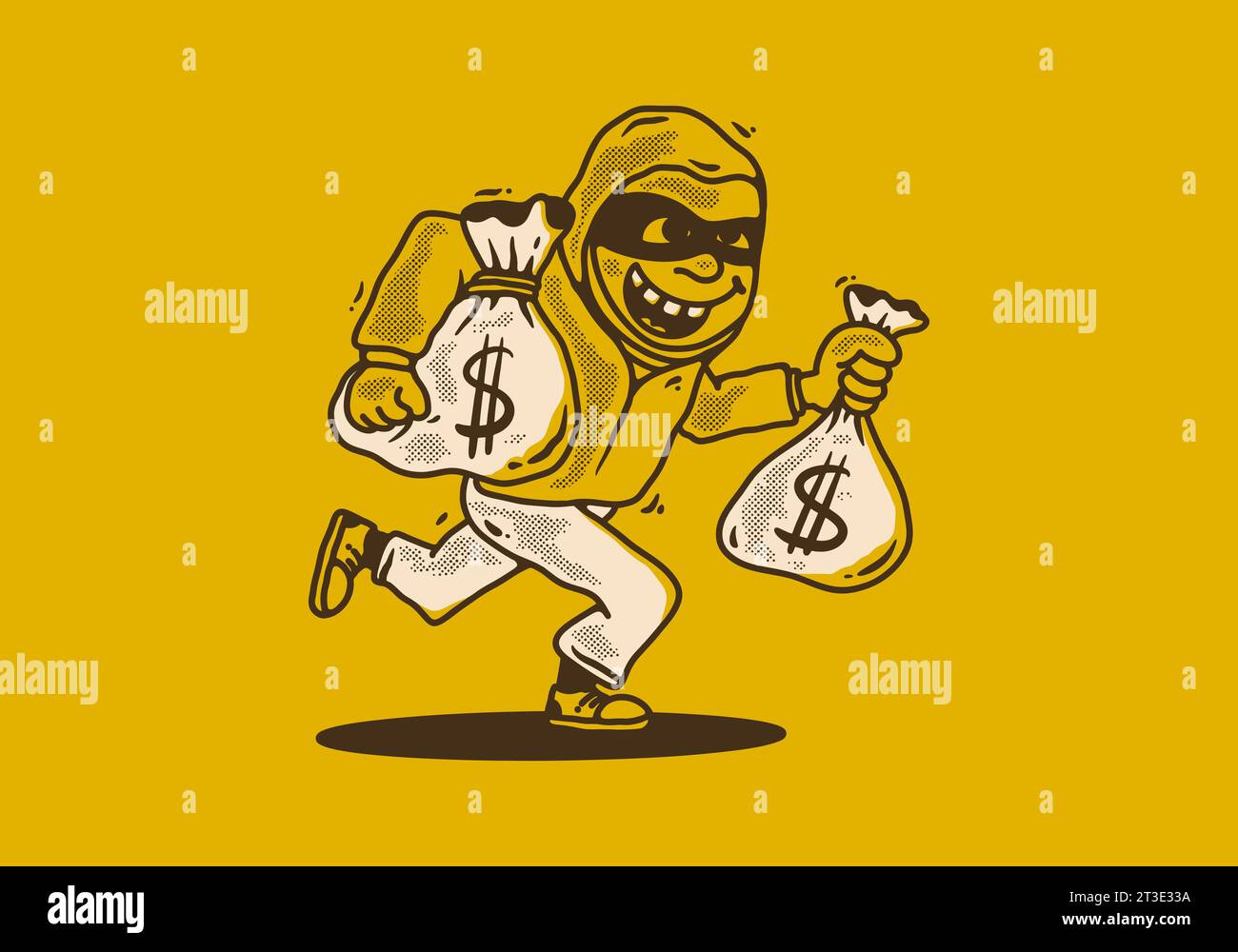 Vintage character illustration of a thief carrying sacks of money Stock ...