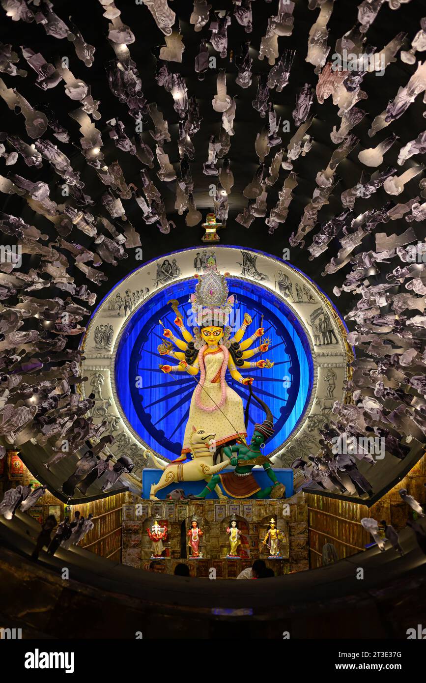 Idol of Goddess Devi Durga at a decorated puja pandal in Kolkata, West ...