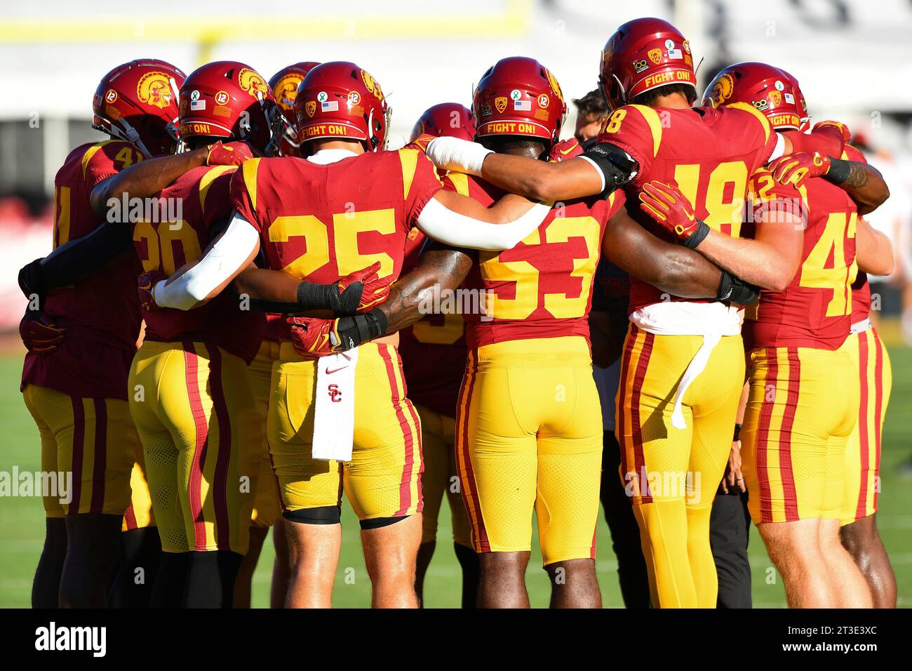 LOS ANGELES, CA - OCTOBER 21: USC defense huddles up before a game ...