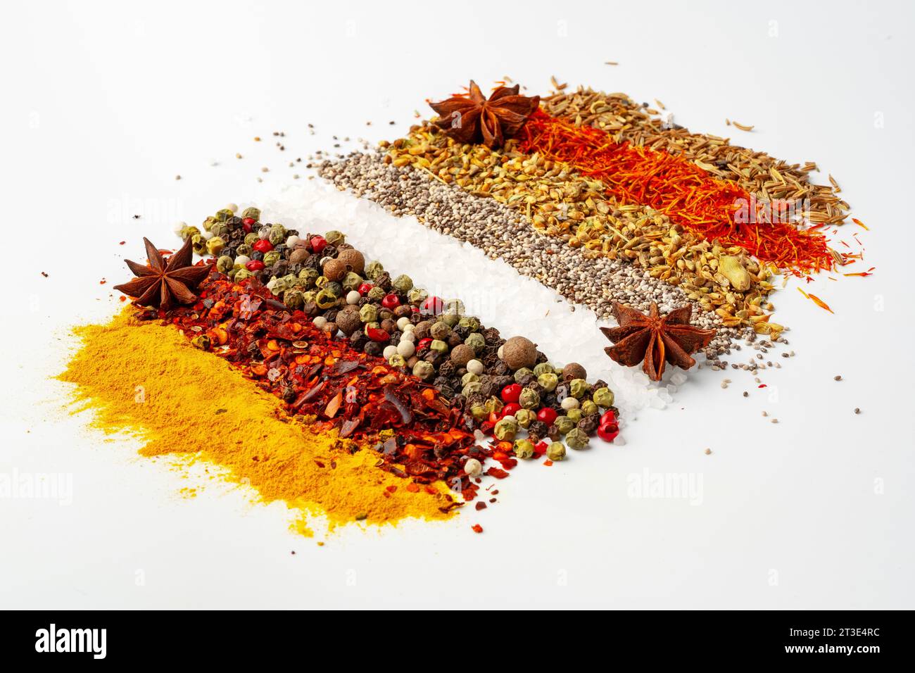 Rows of different spices on white background Stock Photo - Alamy