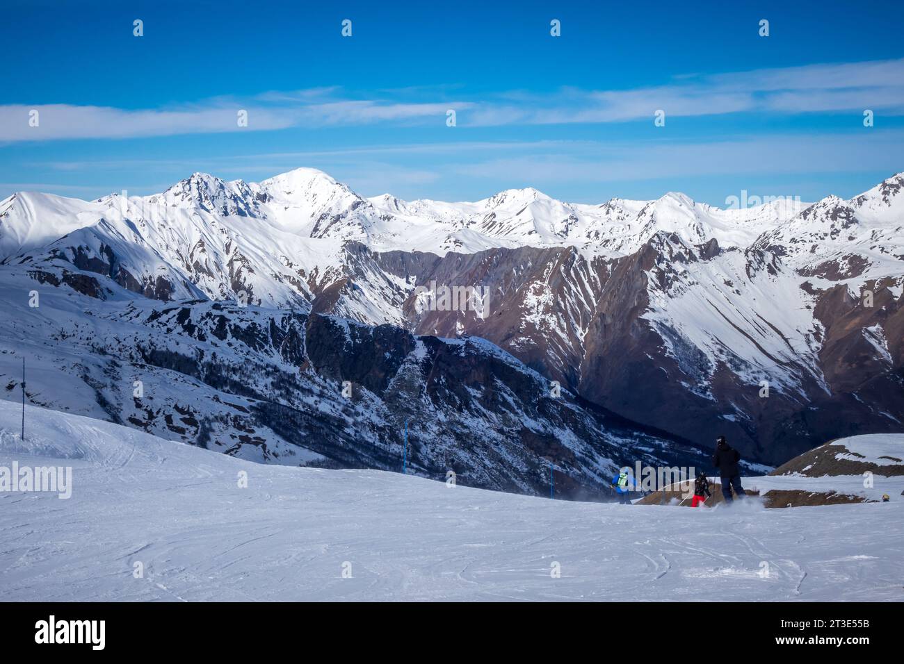 Ski slopes and mountains of Les Menuires resort in the french alps ...