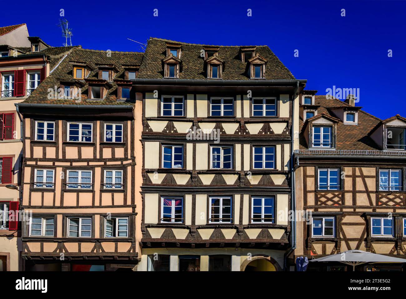 Ornate traditional half timbered houses with steep roofs in the old ...