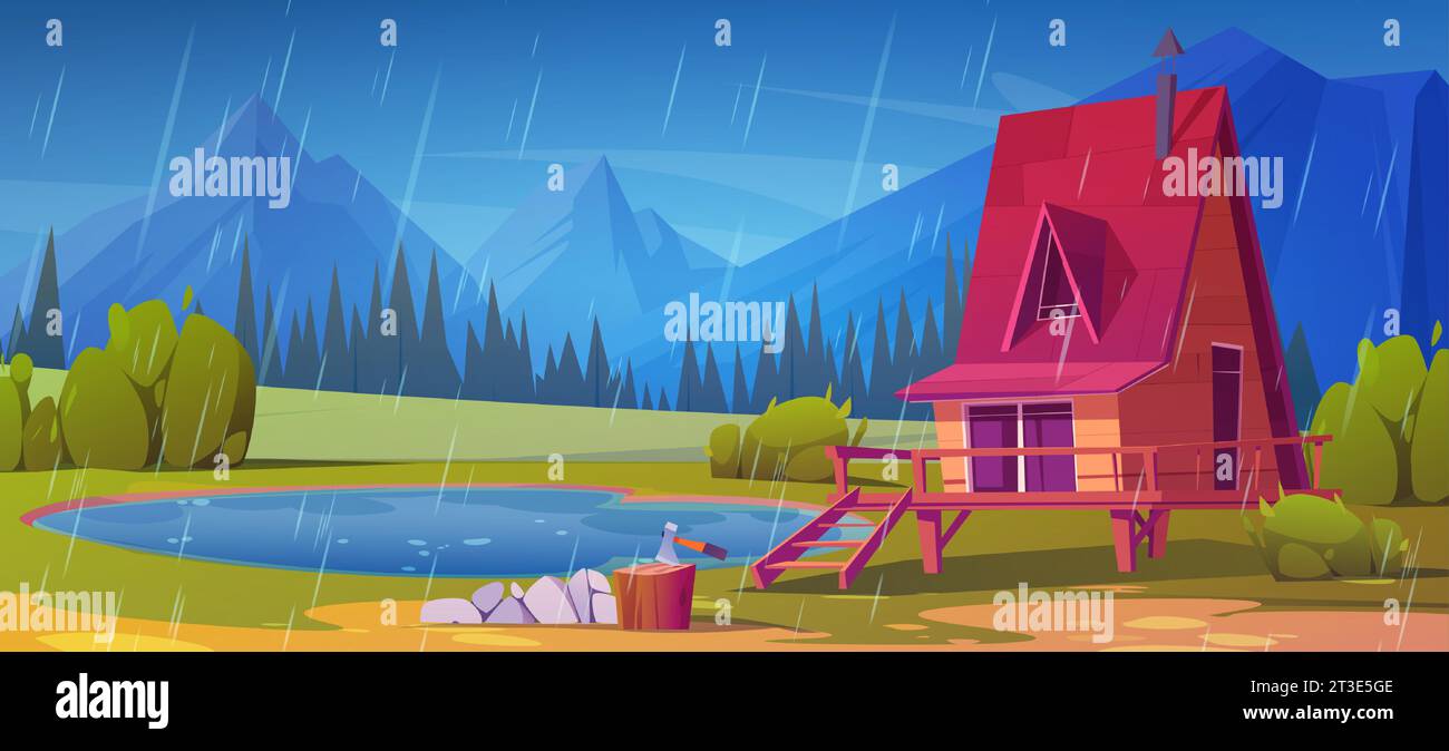 Hut on stilt near lake game vector. Rain scene with forest wood house ...