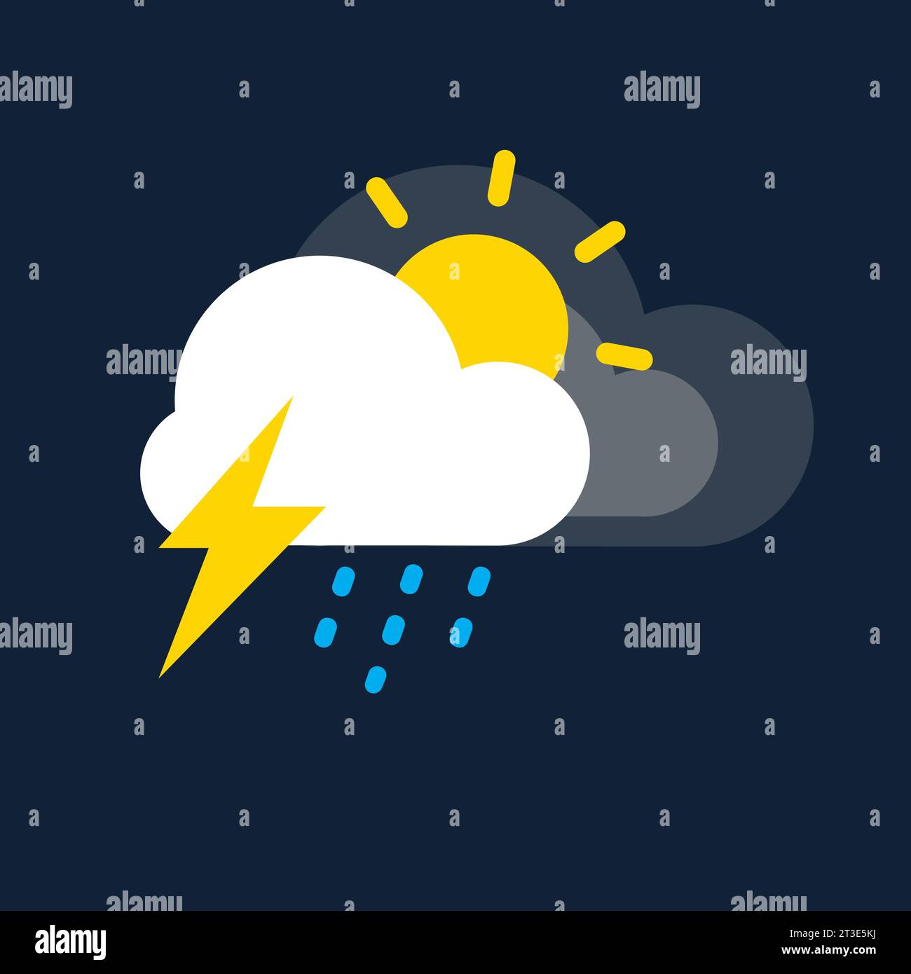 Rain clouds with sunlight and thunder icon. Drizzling rain. Weather ...