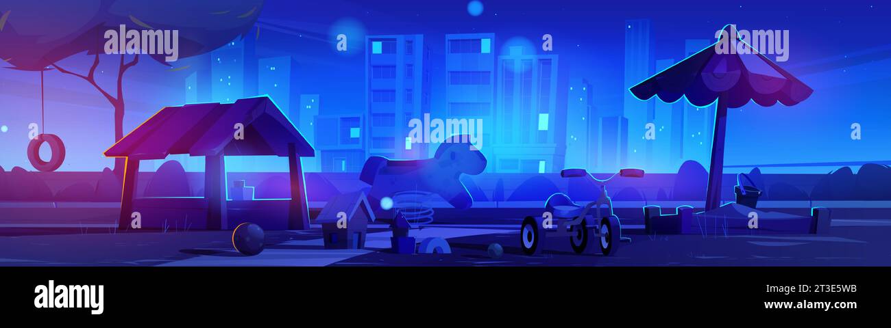 Playground in night time with sandbox and toys, horse swing and ...