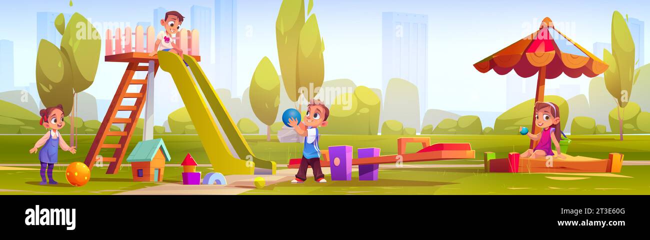 Children play on playground in city amusement park. Little girls and ...