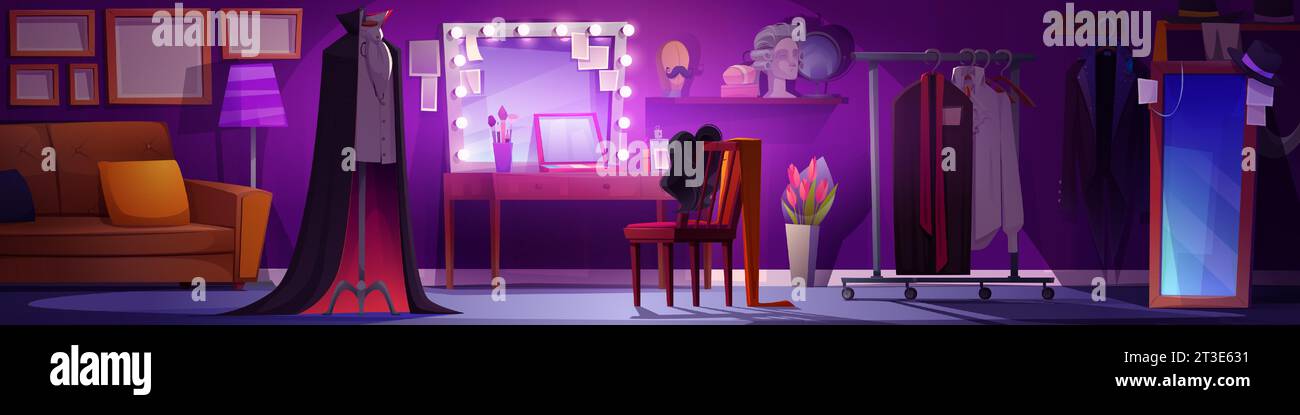 Theater dressing room with furniture and costume on mannequin. Vector ...