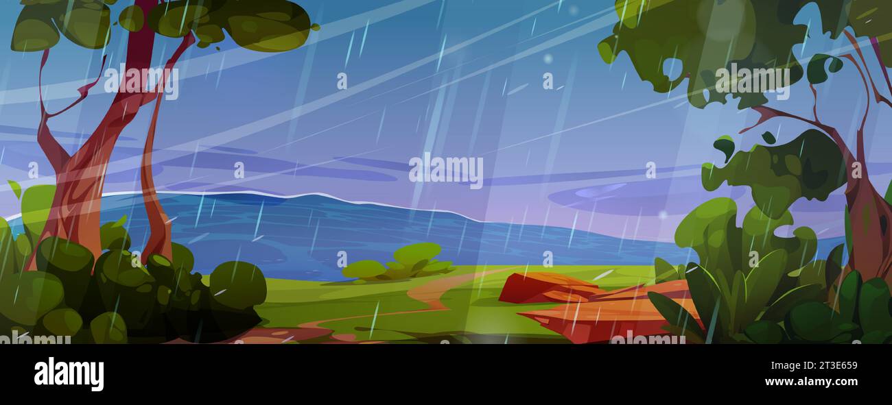 Path to sea with rain and wind storm vector illustration. Ocean beach ...