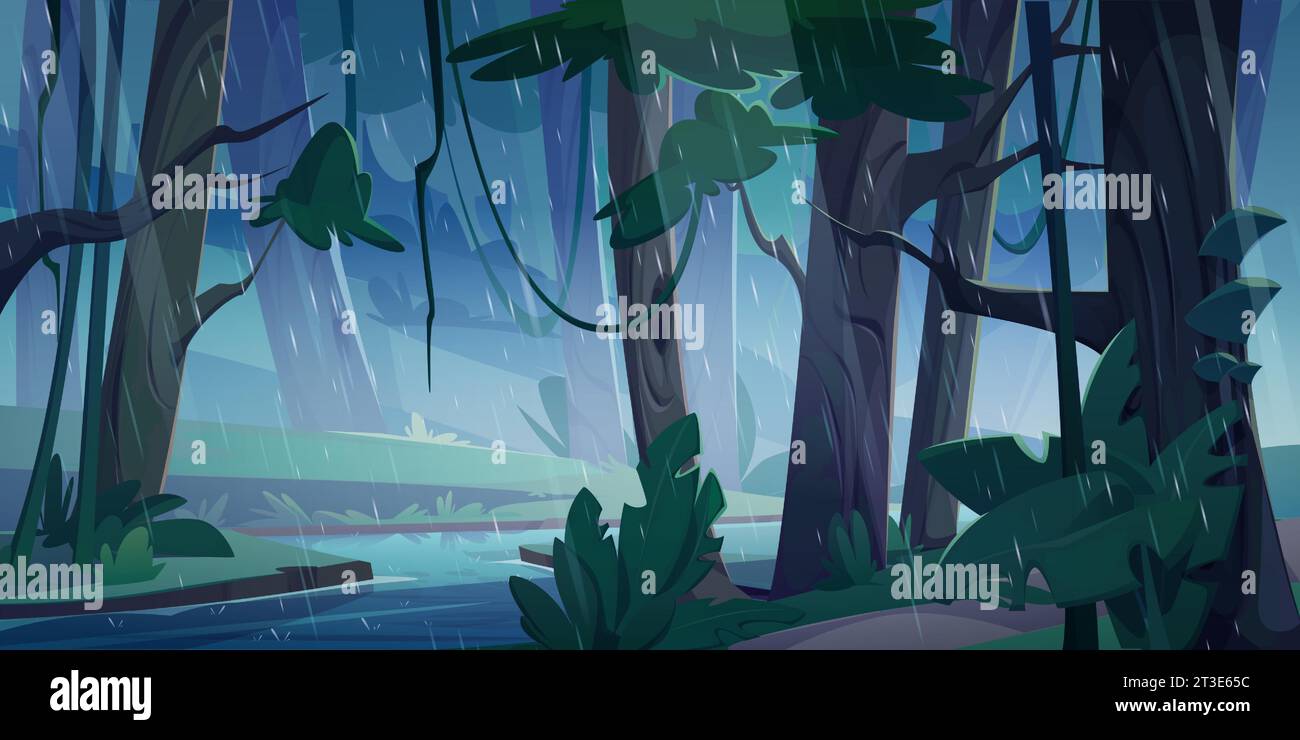 Rain in night jungle forest. Vector cartoon illustration of river ...