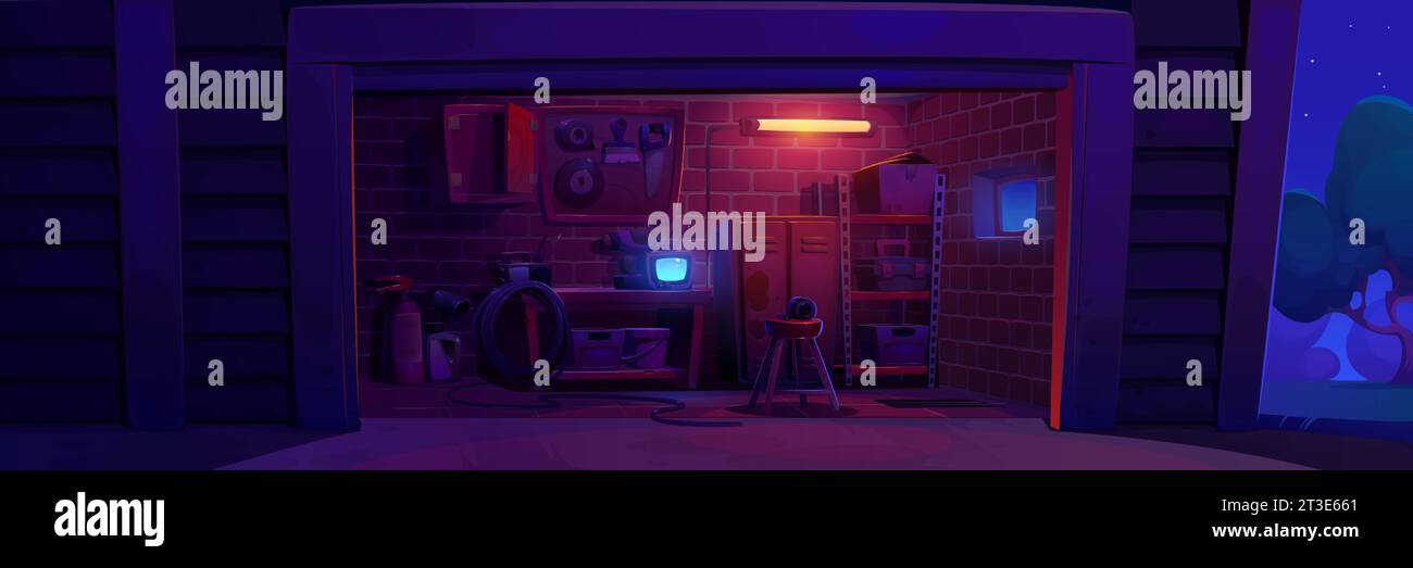 Garage interior inside at night cartoon background. House storage for ...