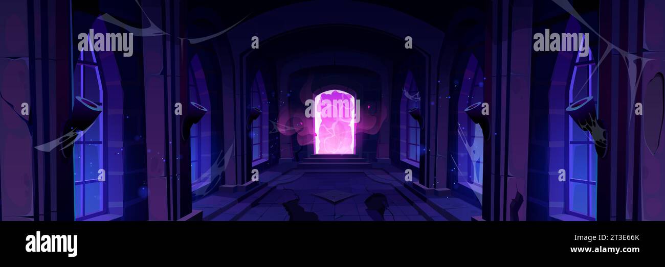 Portal door in abandoned magic castle fantasy game background. Dark ...
