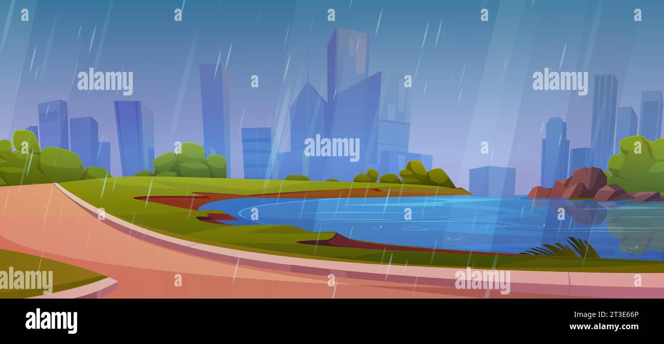 Rain in city park with lake and skyscraper view. Public garden and ...