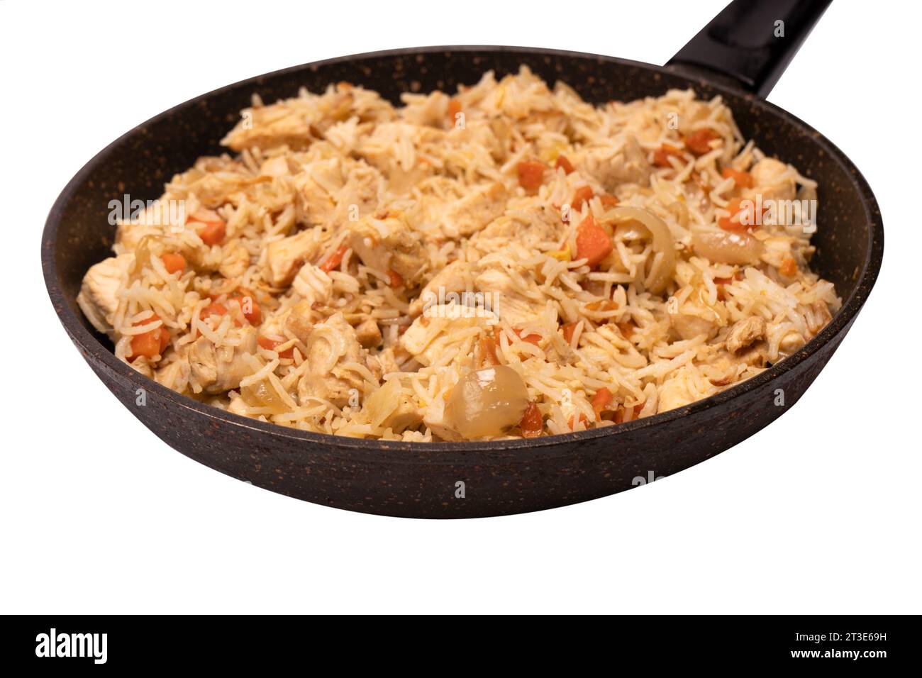 Tasty pilaf with chicken in a frying pan. Isolated on a white ...