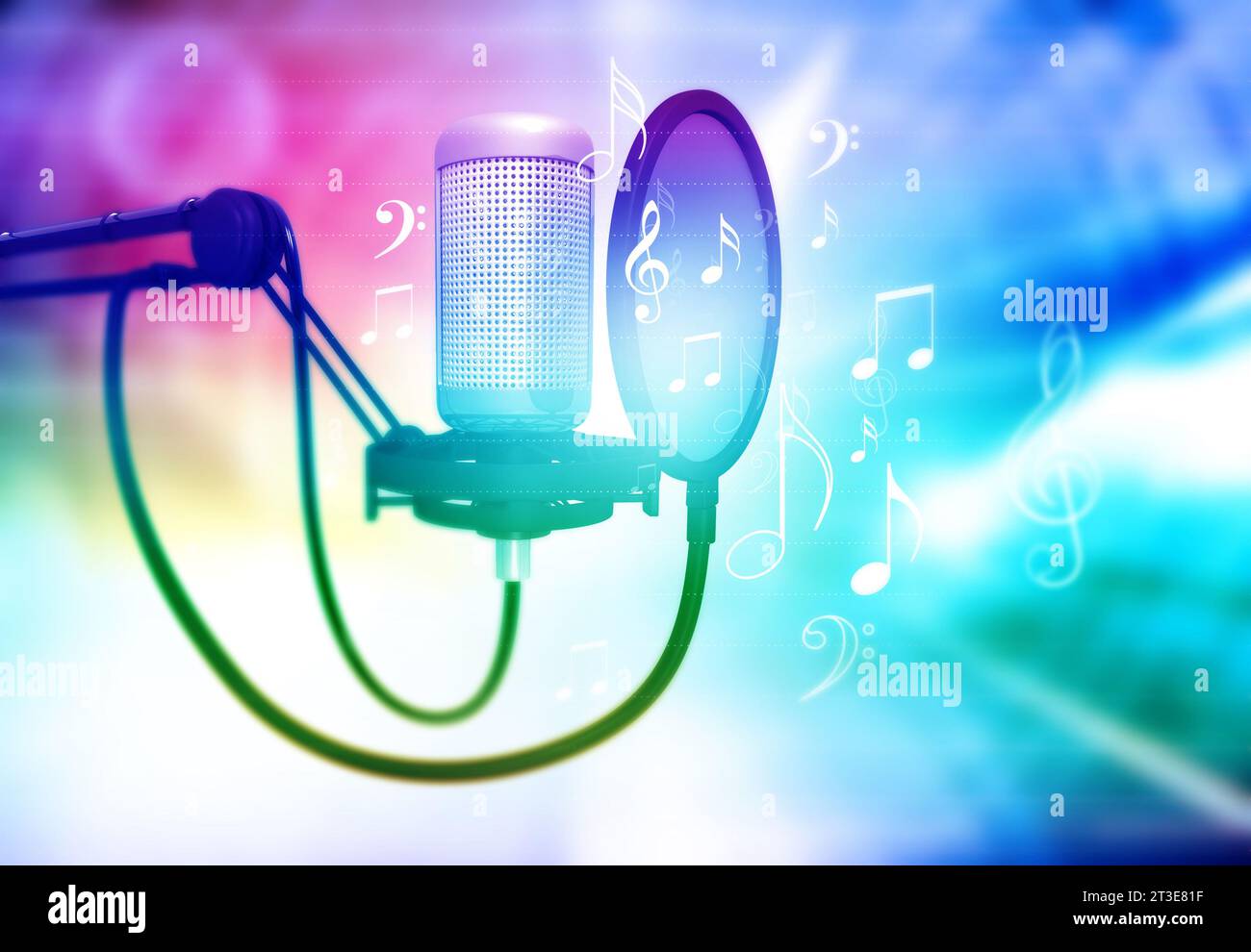 Microphone with music notes on abstract background. 3d illustration ...