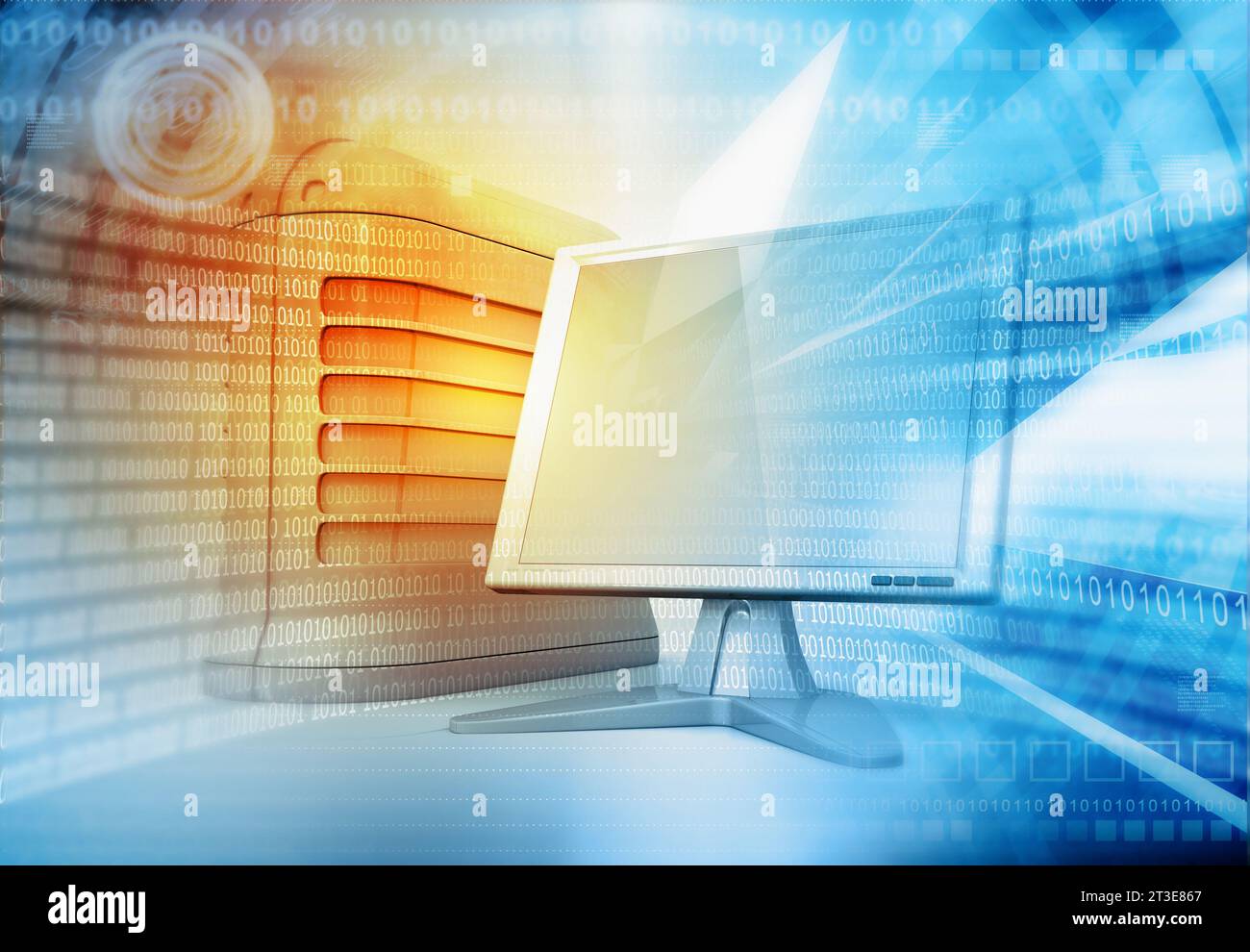 Desktop computer on Futuristic technological background. 3d ...