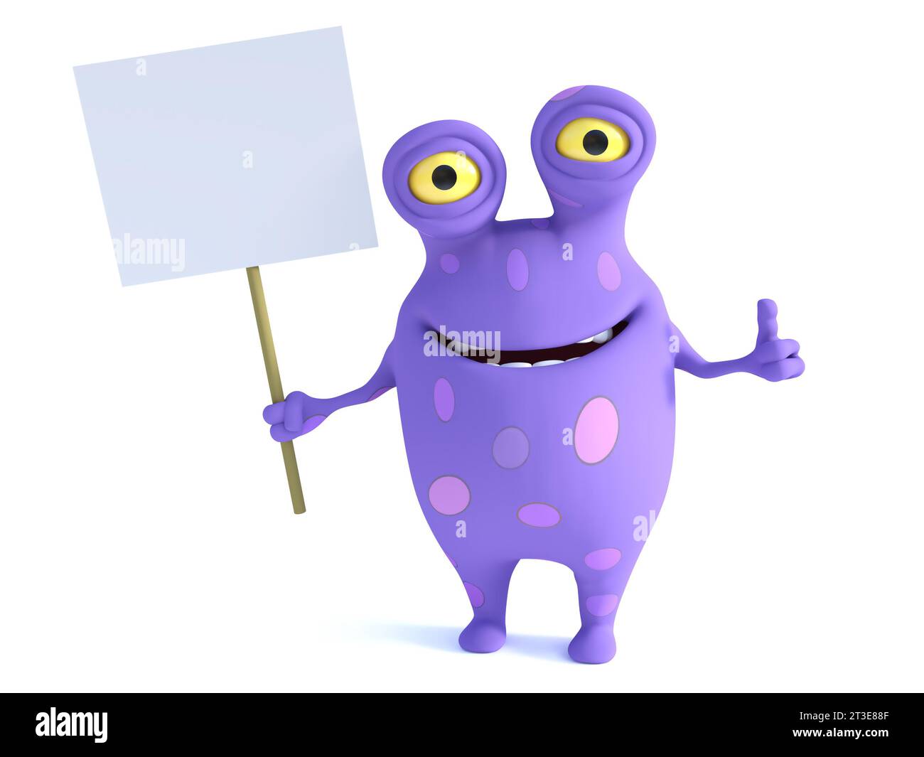 A cute charming cartoon monster holding a blank sign in his hand and ...