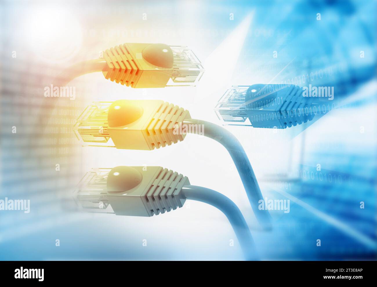 Network cables over futuristic technological background. 3d ...