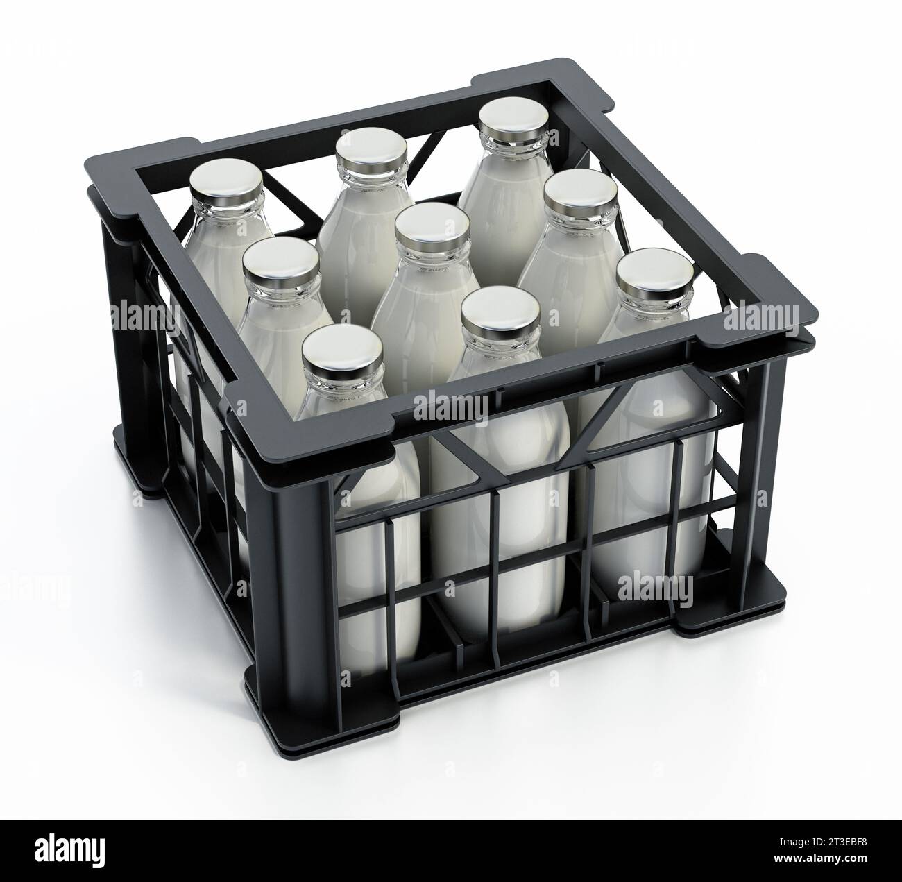 Plastic milk crate full of milk bottles isolated on white background ...