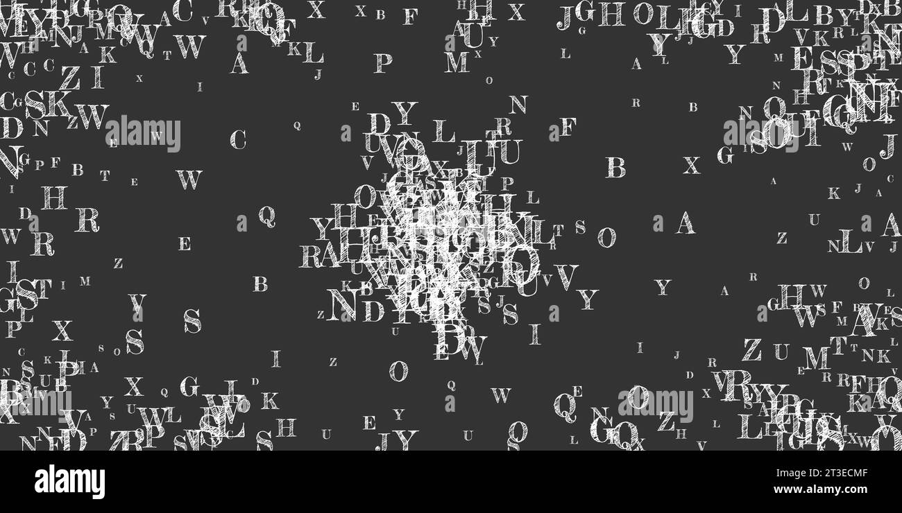 School notebook cover. White chalk floating letters of Latin alphabet ...