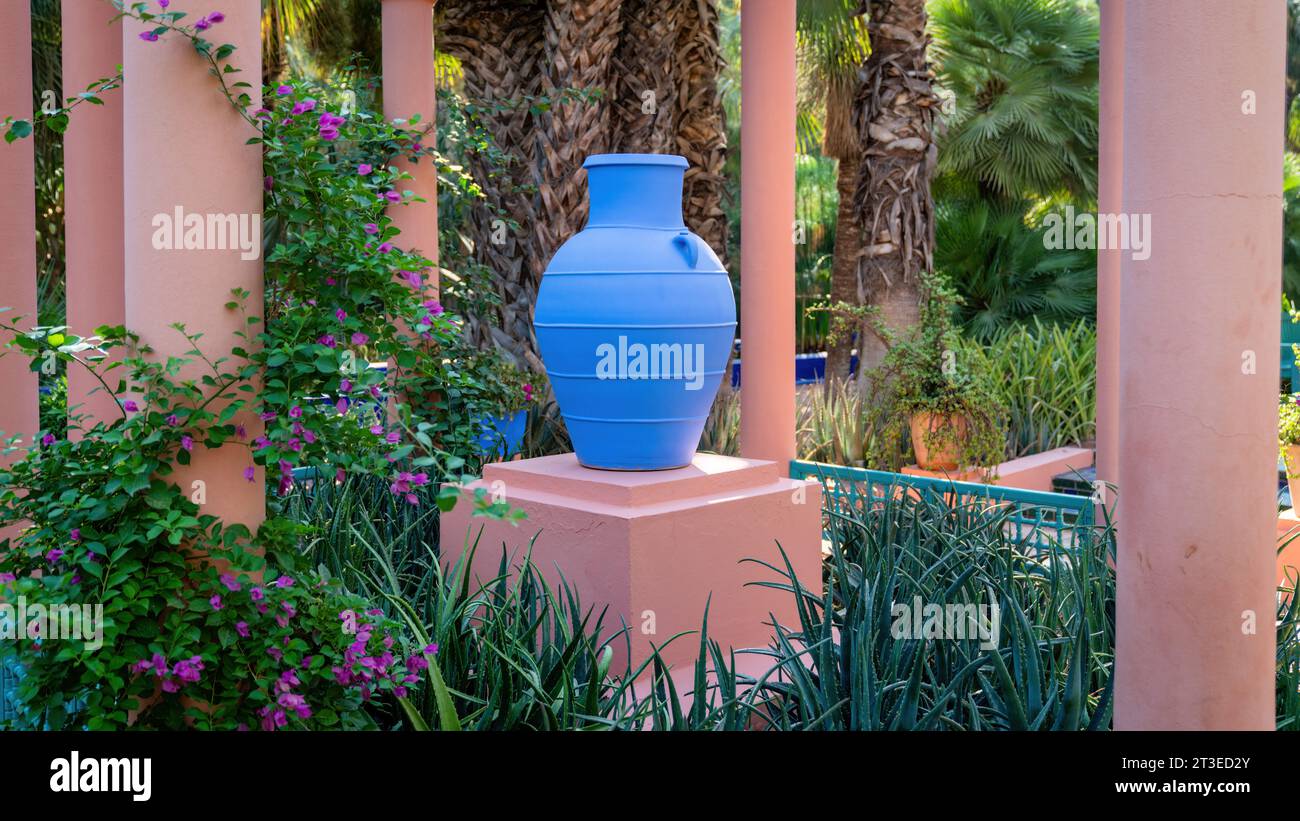 Marrakech, Morocco - 16 September 2022: Blue vase inside the Majorelle ...