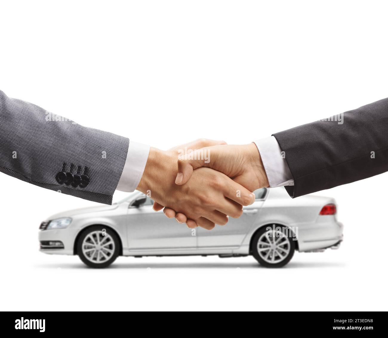 Men shaking hands in front of a silver car isolated on white background ...