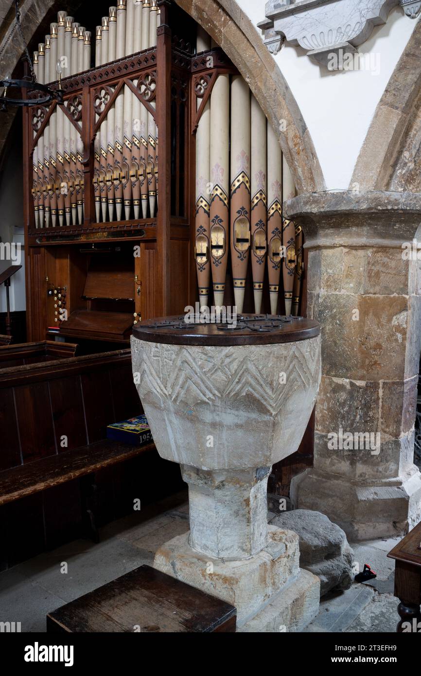 The font and organ, St. Martin`s Church, Sandford St. Martin ...