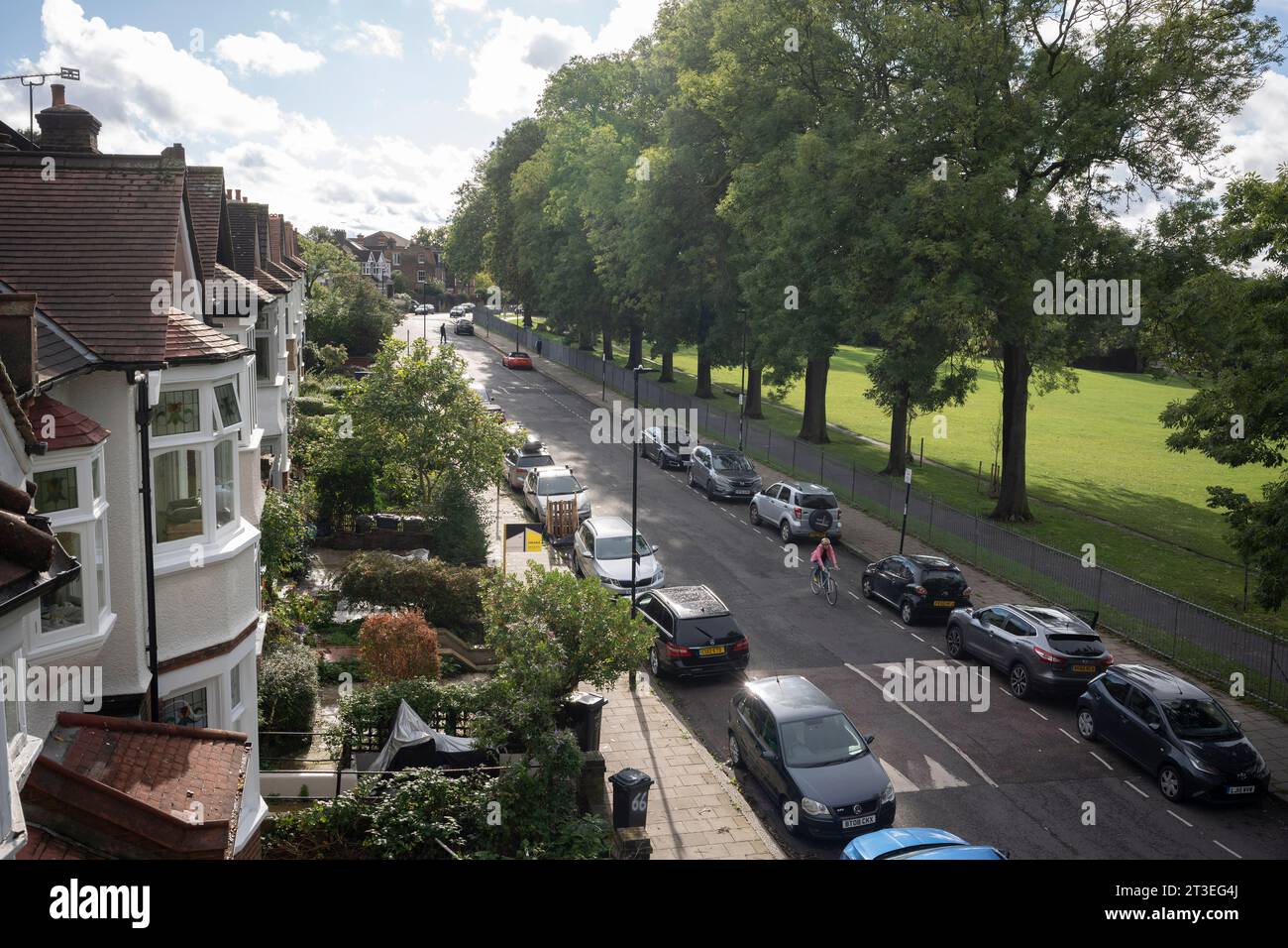 An aerial view of cyclist on a residential street in Lambeth, south ...