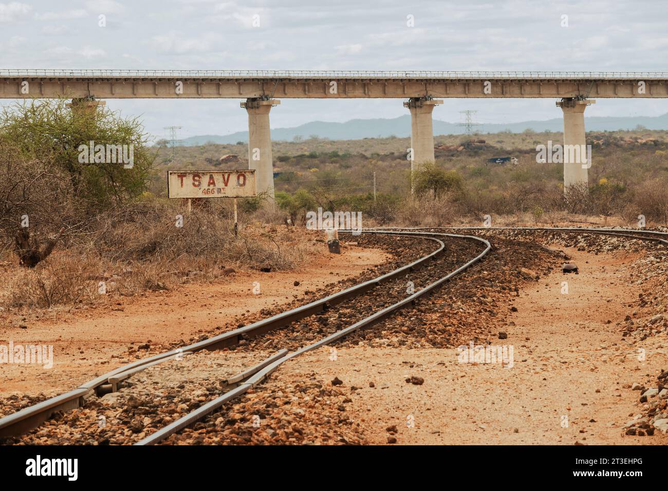 Scenic view of a railway line in the wild at Tsavo East National Park ...