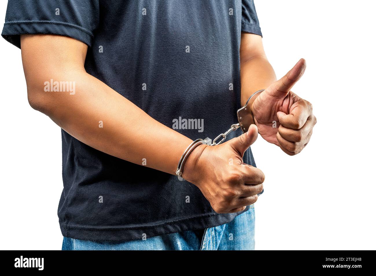Arrested man with a handcuff on his hand isolated over a white ...
