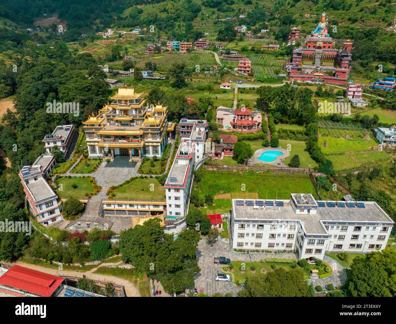 Aerial view of the Azom Monastery in Dakshinkali, Nepal. It is close to ...