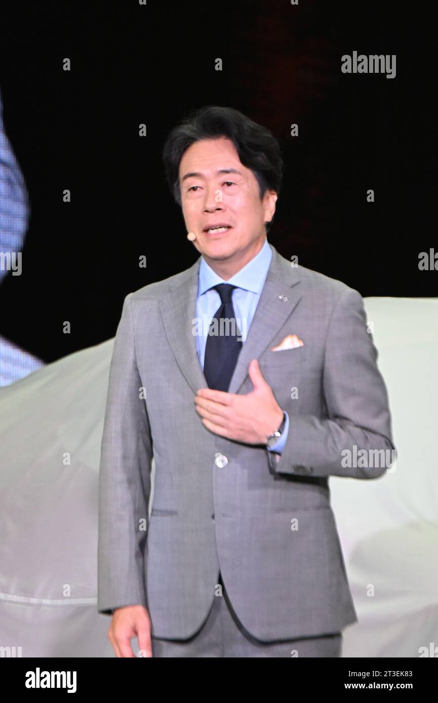 Mazda CEO Masahiro Moro speaks during press day of the Japan Mobility ...