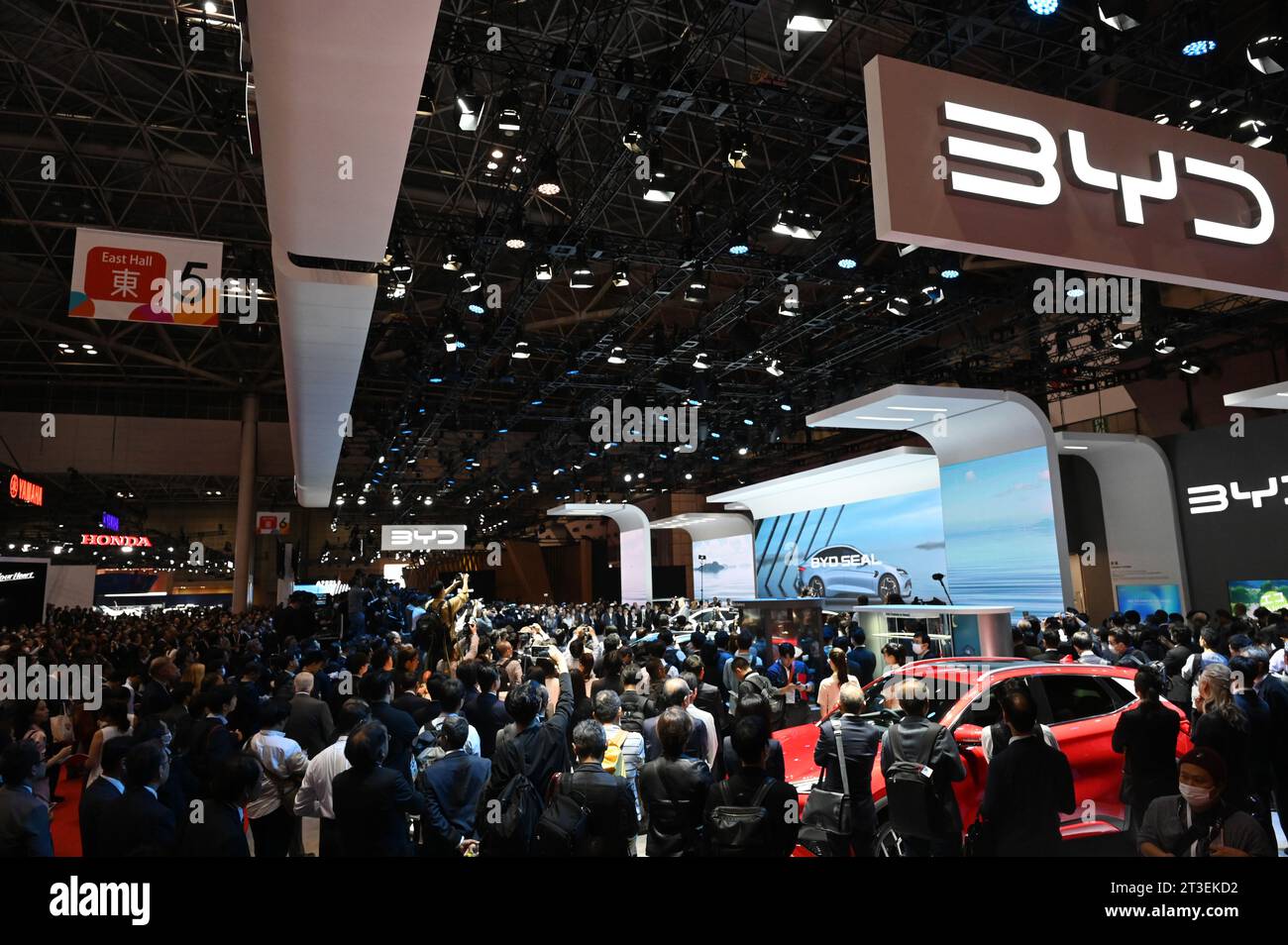 A view of the BYD booth during press day of the Japan Mobility Show ...