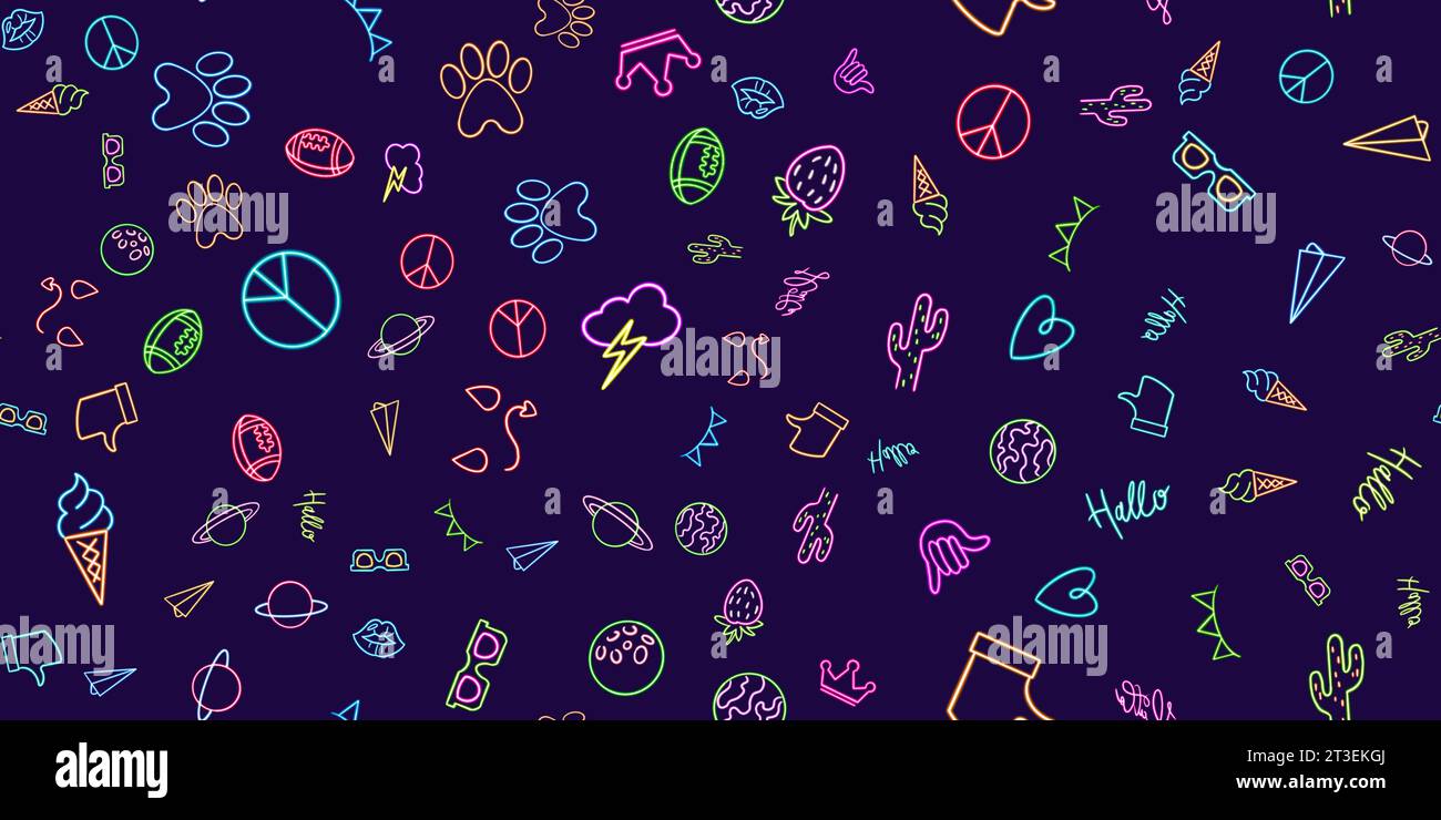 Vibrant Neon Summer Elements Seamless Pattern. glowing desktop icon ...