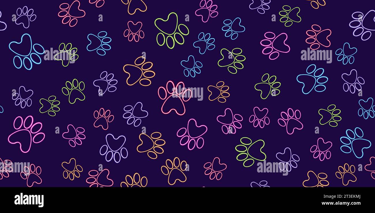 Bright Neon Dog Pawprints Seamless Pattern, glowing desktop icon, neon ...