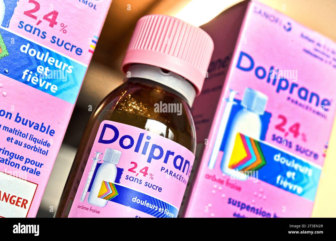 Doliprane, paracetamol, drinkable suspension. Oral solution bottle and ...