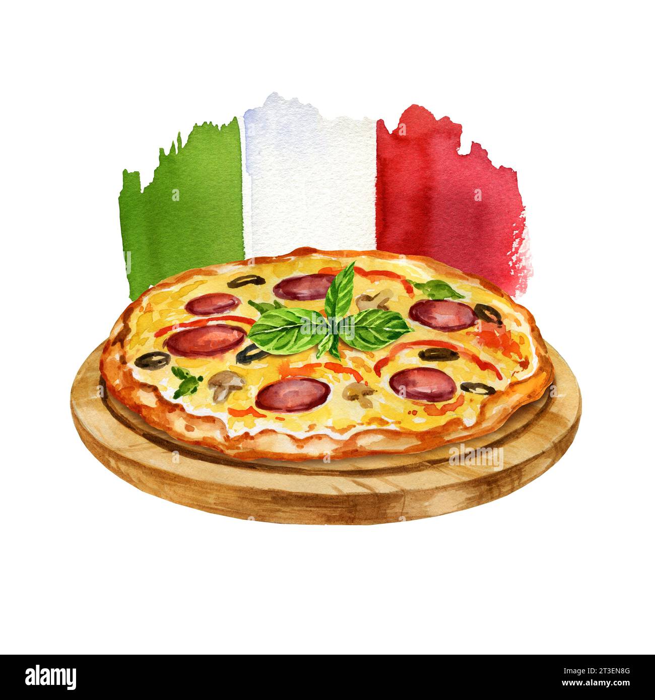 watercolor Italian fresh hot delicious pizza with pepperoni, tomato ...