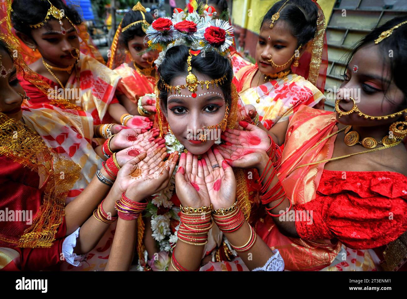 Young girls pose for a photo during the Kumari Puja Ritual on the 9th day of the Durga puja ...