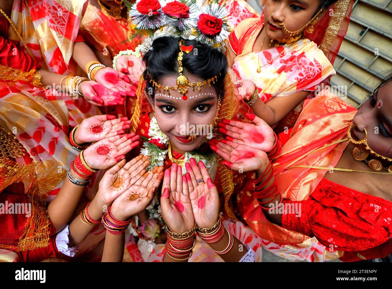 Young girls pose for a photo during the Kumari Puja Ritual on the 9th day of the Durga puja ...