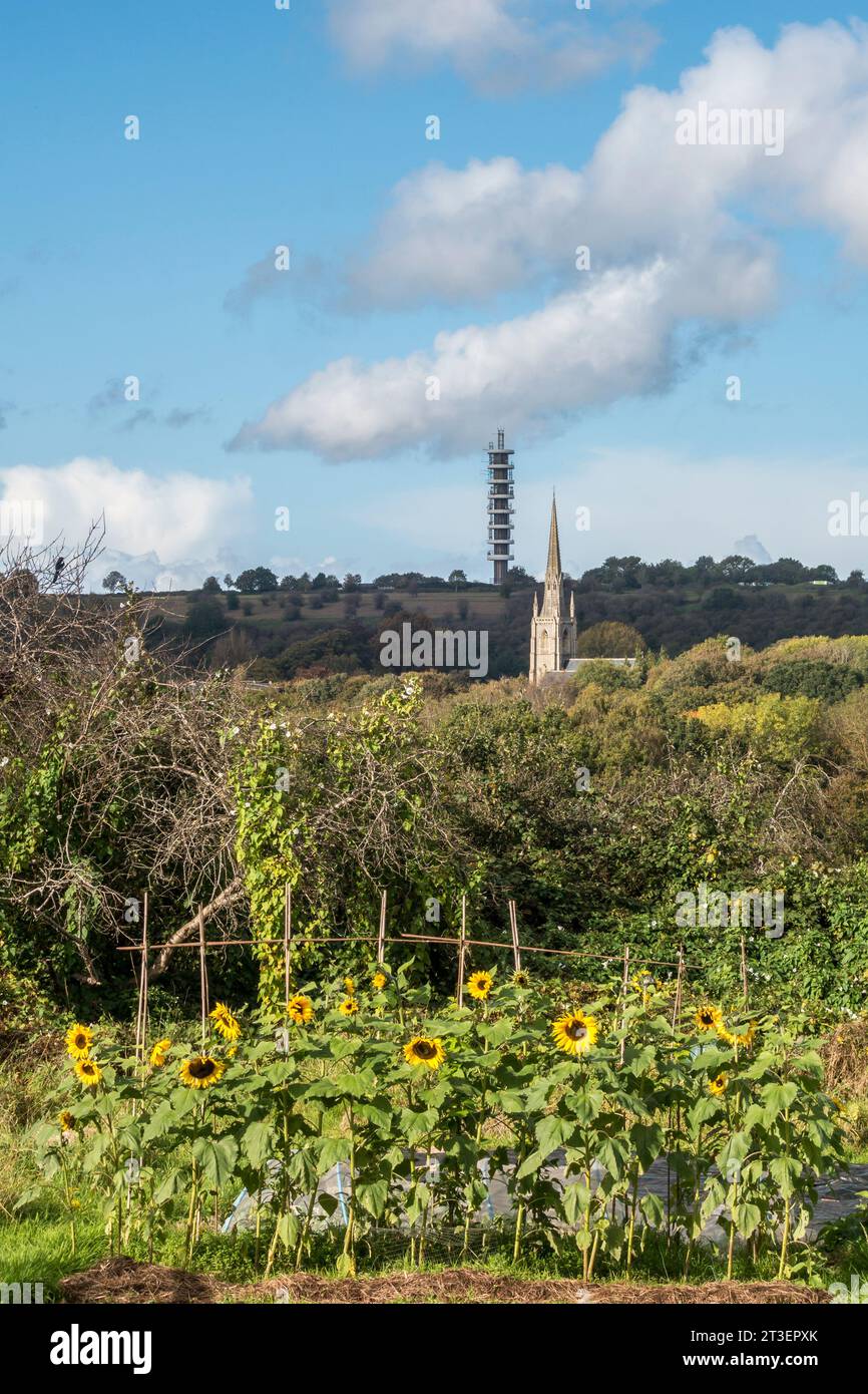 The Victorian spire of Holy Trinity church and the Purdown BT Tower ...