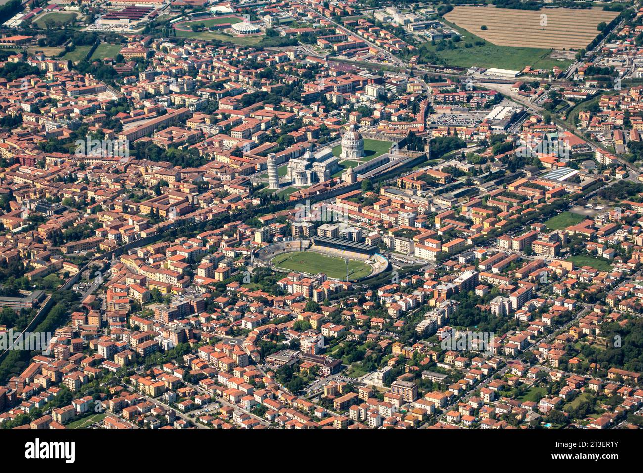 The city of Pisa, Tuscany, Italy, seen from the air. The Leaning Tower ...