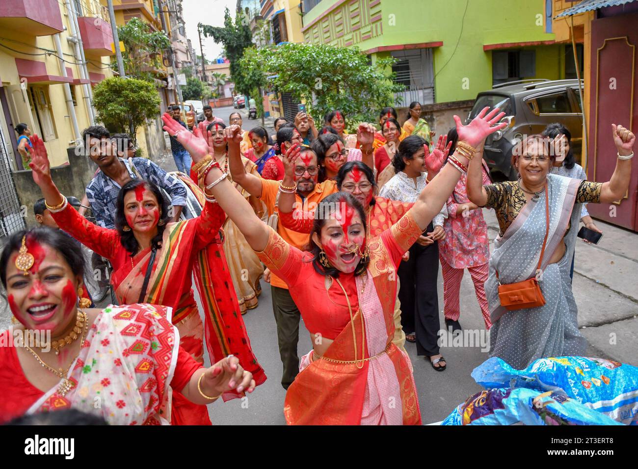 Devotees dance during the final day “Vijayadashami” marking the end of ...