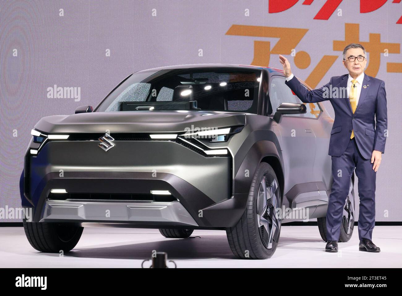 Tokyo, Japan. 25th Oct, 2023. Japan's automaker Suzuki Motor president Toshihiro Suzuki displays ...