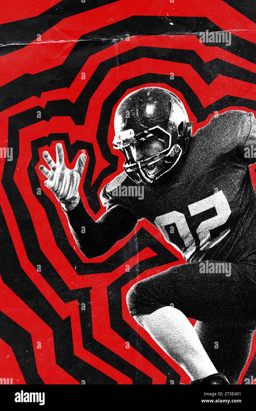 Man, American football player in motion, running over abstract red ...