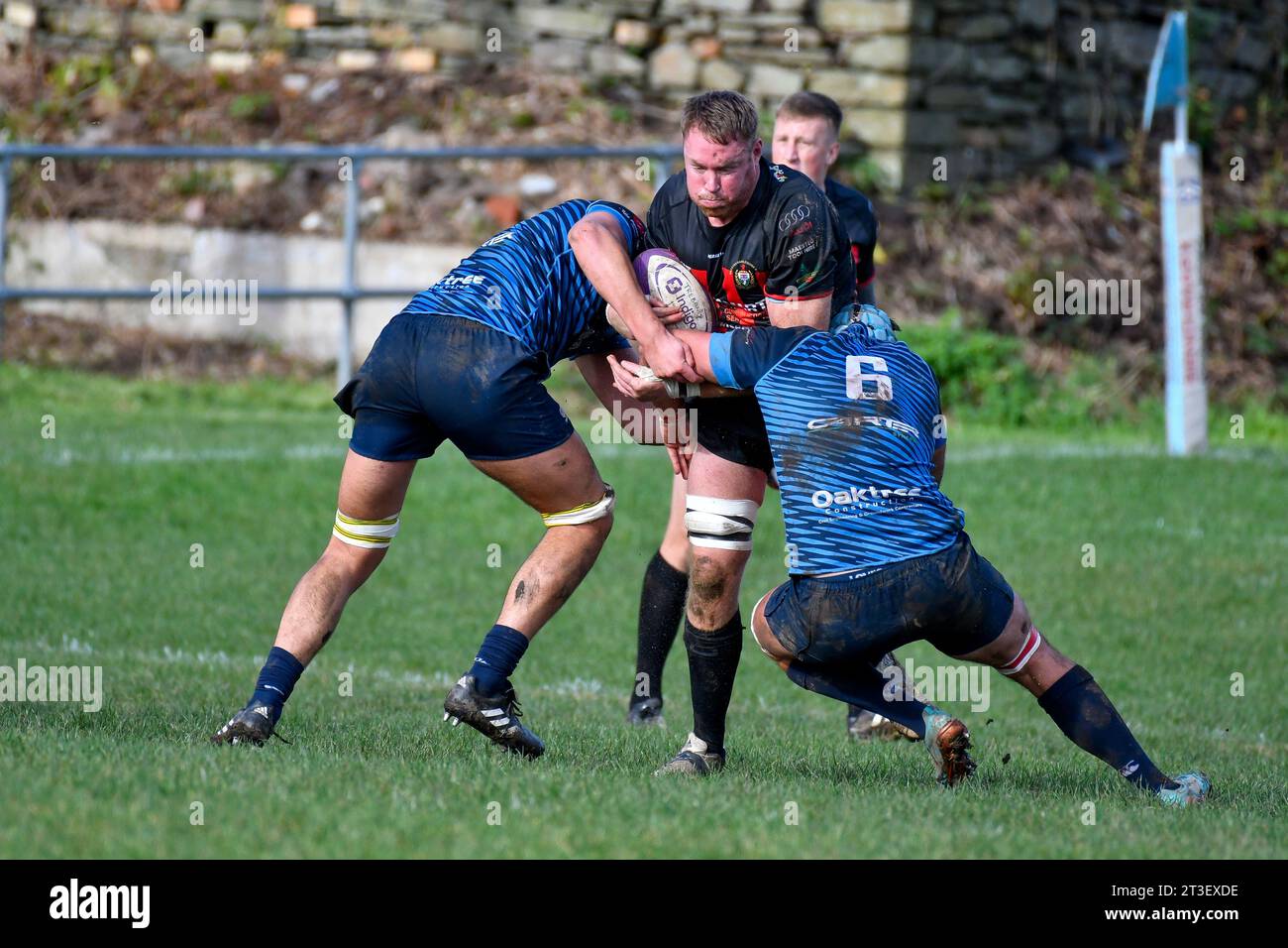 Trebanos, Wales. 21 October 2023. Andrew Healy of Maesteg Quins is ...