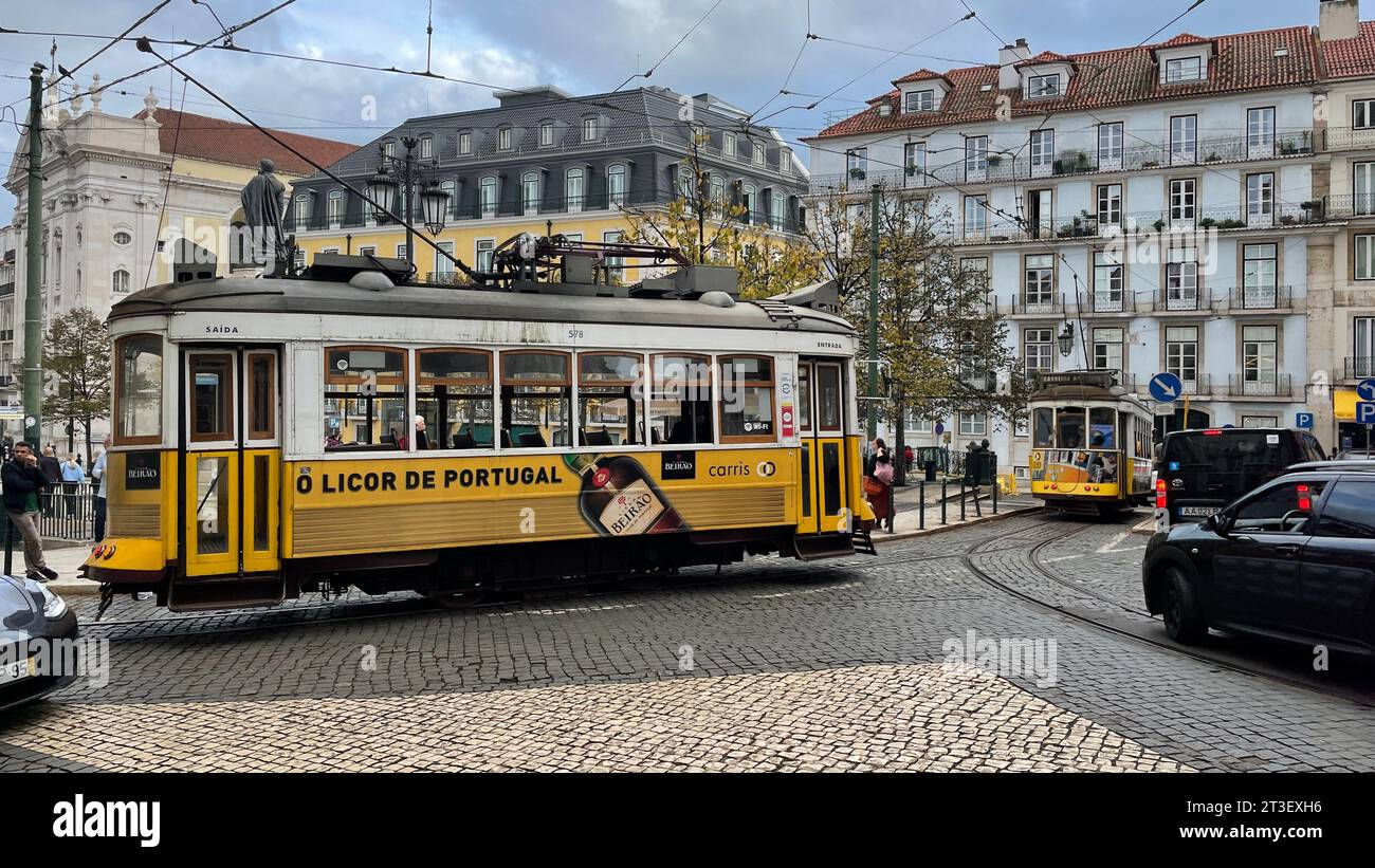 LISBON, PORTUGAL - APRIL 22, 2022: Lisbon yellow tram at Square in the ...