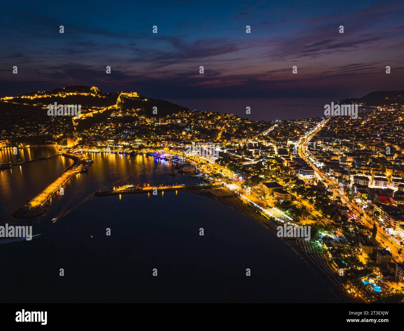 Night over Alanya from a drone, Turkish Riviera on Mediterranean Coast ...