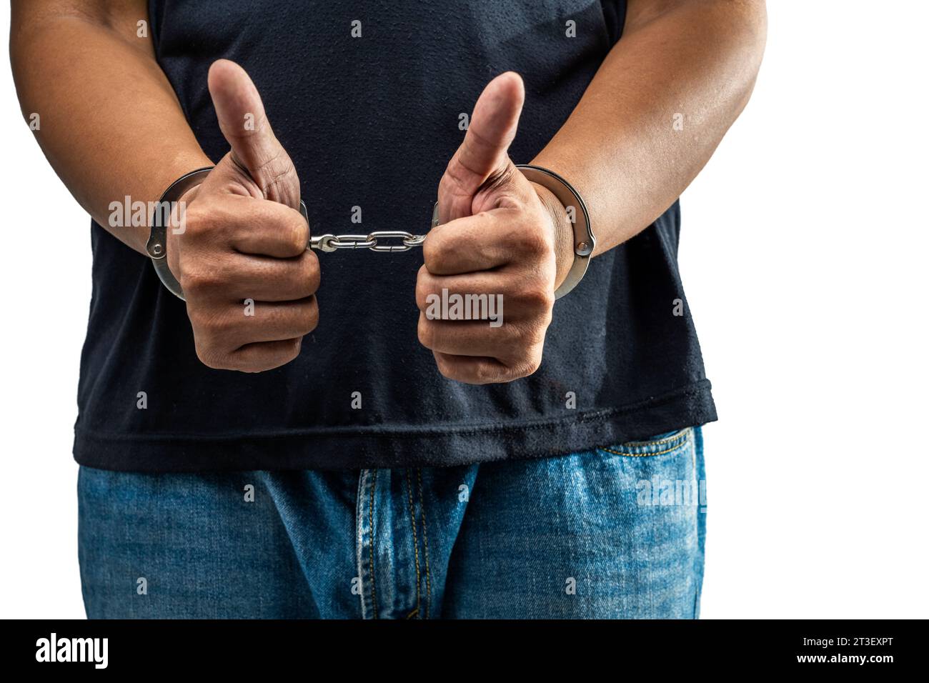 Arrested man with a handcuff on his hand isolated over a white ...