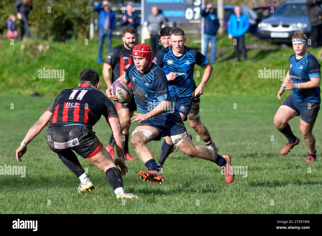 Trebanos, Wales. 21 October 2023. Mackenzie Clayton of Trebanos evades ...