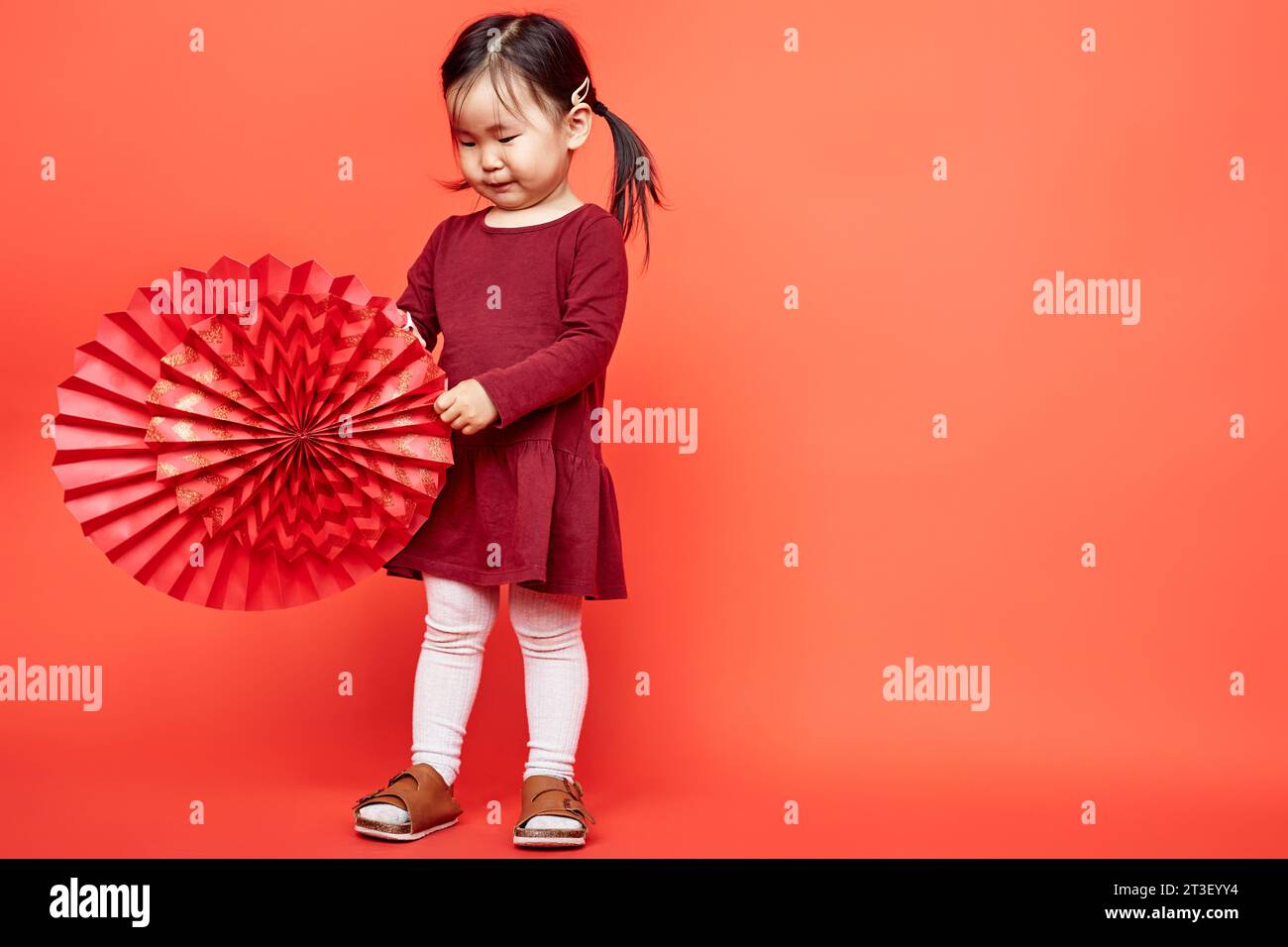 Portrait of cute Asian girl playing with paper fans against red ...