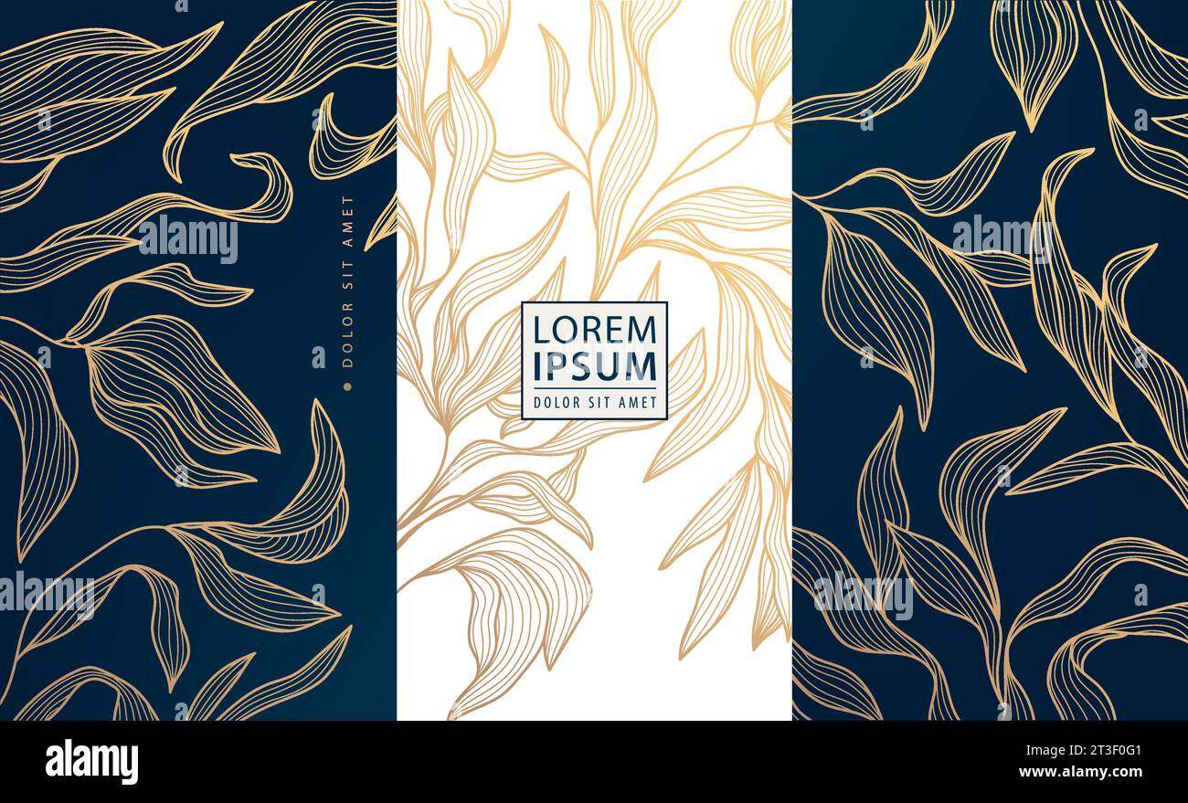 Vector floral line art, set of luxury line pattern, golden background ...